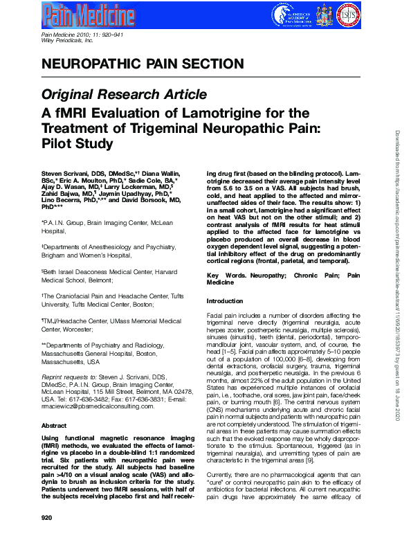 (PDF) A fMRI Evaluation of Lamotrigine for the Treatment of Trigeminal ...