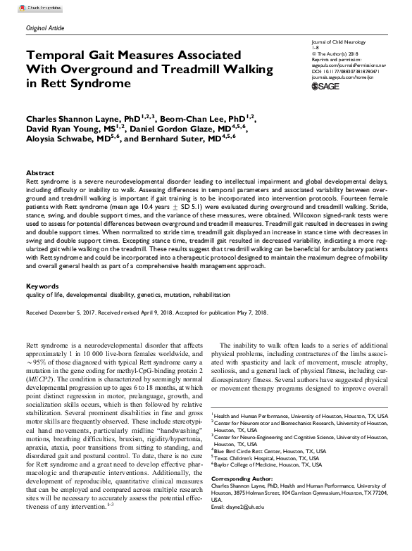 (PDF) Temporal Gait Measures Associated With Overground and Treadmill Walking in Rett Syndrome ...