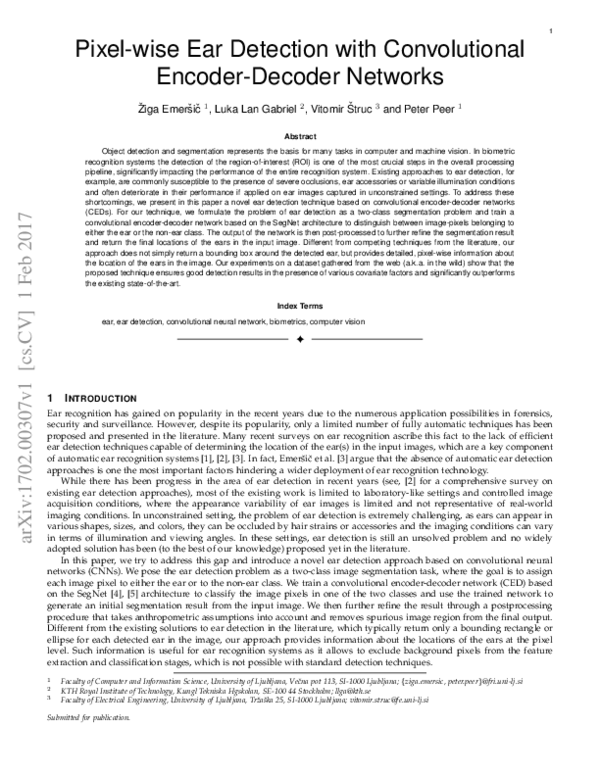 Pdf Pixel Wise Ear Detection With Convolutional Encoder Decoder Networks