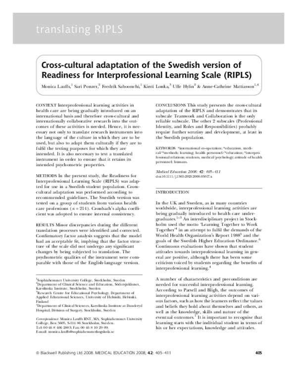 (PDF) Cross-cultural adaptation of the Swedish version of Readiness for Interprofessional ...