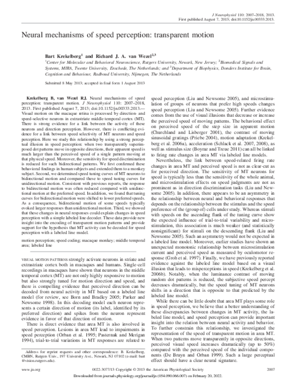 (PDF) Neural mechanisms of speed perception: transparent motion