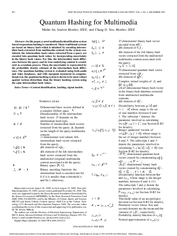 (PDF) Quantum Hashing for Multimedia