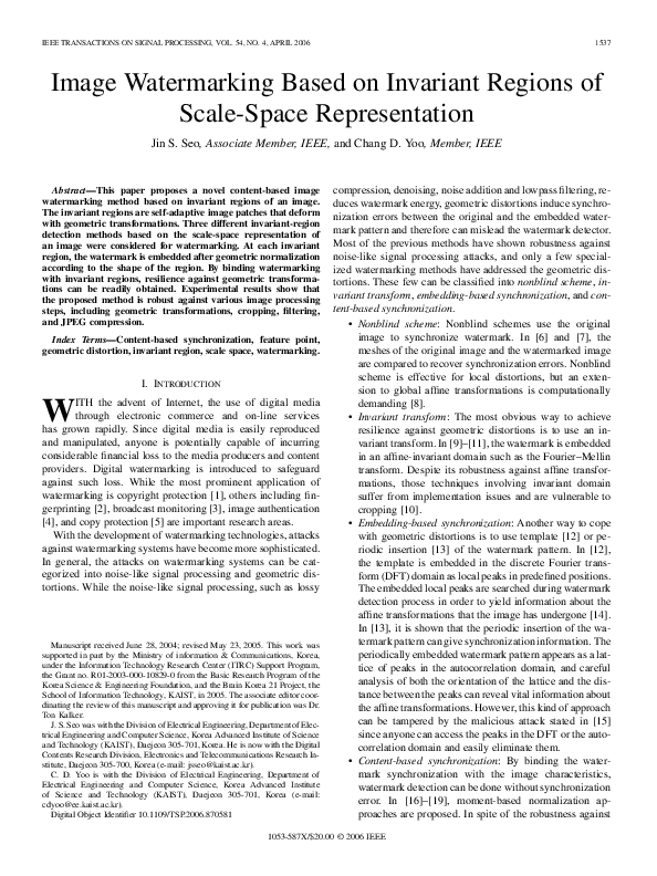 (PDF) Image watermarking based on invariant regions of scale-space representation