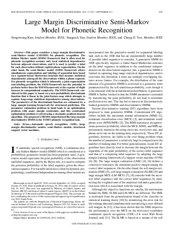 Pdf Large Margin Discriminative Semi Markov Model For Phonetic Recognition Choong Yoo