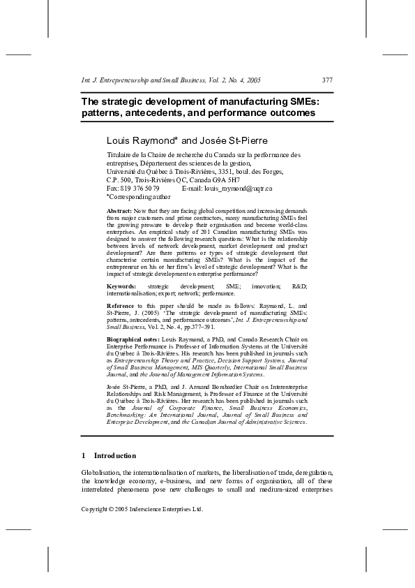 (PDF) The strategic development of manufacturing SMEs: patterns ...