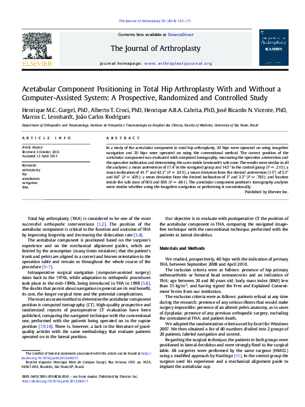 Pdf Acetabular Component Positioning In Total Hip Arthroplasty With