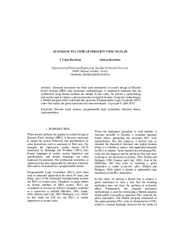 Pdf Automatic Plc Code Generation Using Matlab