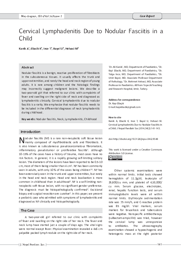 (PDF) Cervical Lymphadenitis Due to Nodular Fasciitis in a Child