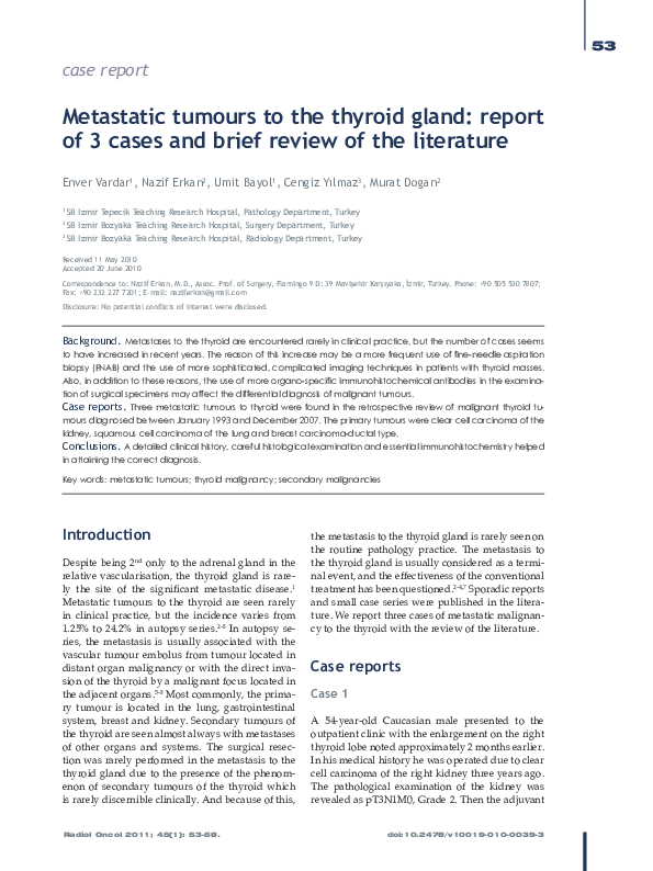 (PDF) Metastatic tumours to the thyroid gland: report of 3 cases and ...