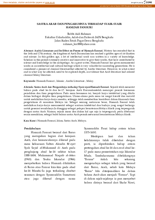 (PDF) Sastra Arab Dan Pengaruhnya Terhadap Syair-Syair Hamzah Fansuri