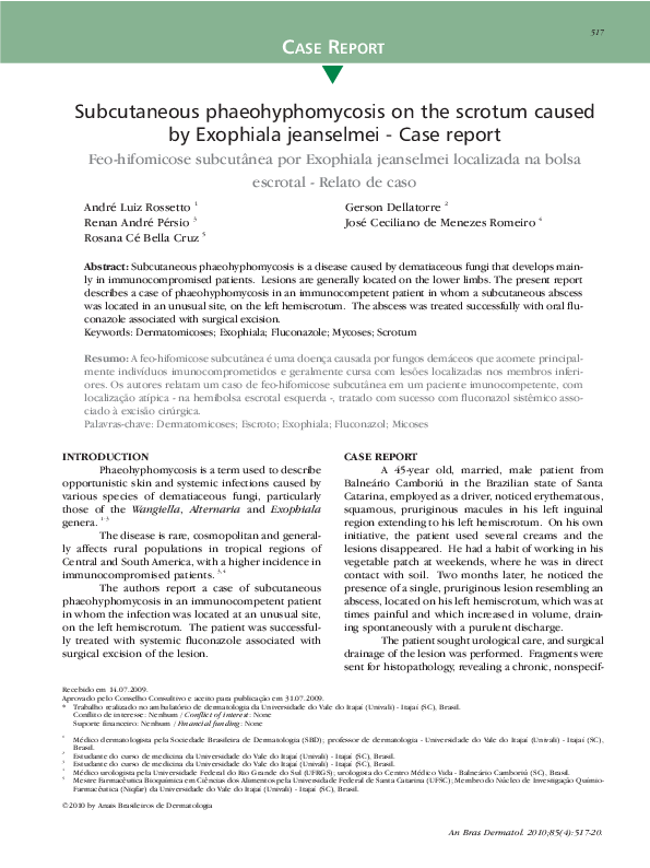 (PDF) Feo-hifomicose subcutânea por Exophiala jeanselmei localizada na ...