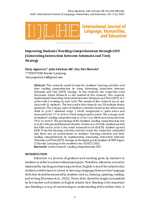 (PDF) Improving Students’ Reading Comprehension through GIST (Generating Interaction between ...