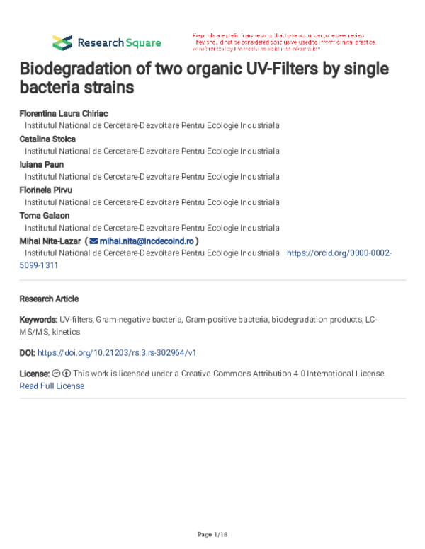 (PDF) Biodegradation of two organic UV-Filters by single bacteria strains