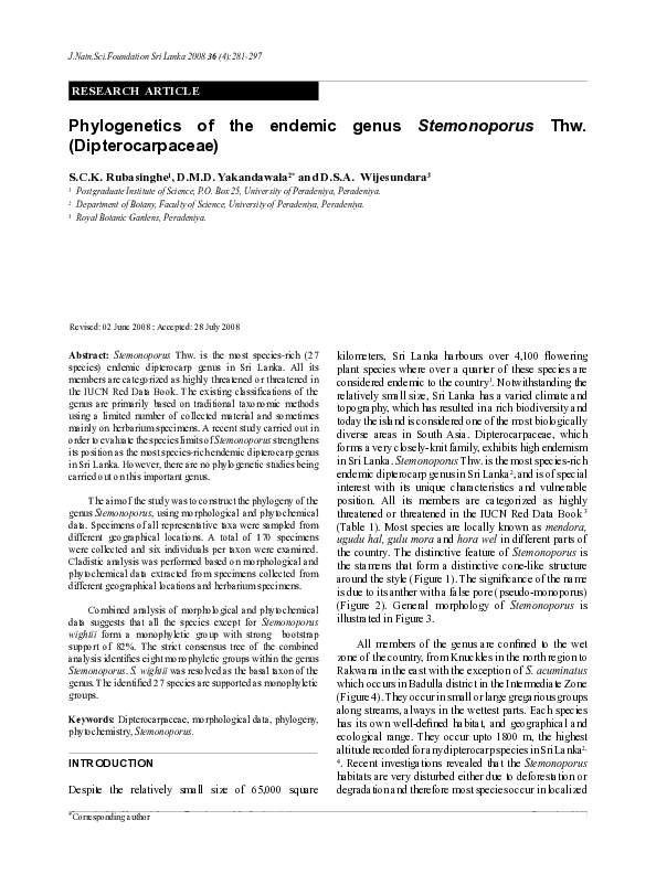 (PDF) Phylogenetics of the endemic genus Stemonoporus Thw ...