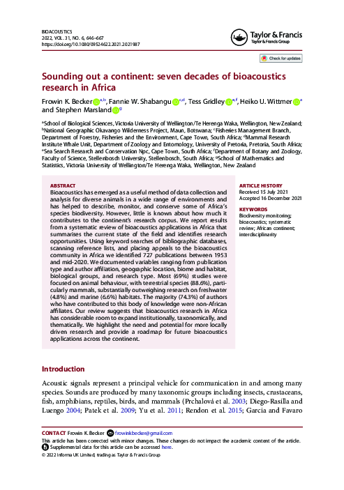 (PDF) Sounding out a continent: seven decades of bioacoustics research in Africa