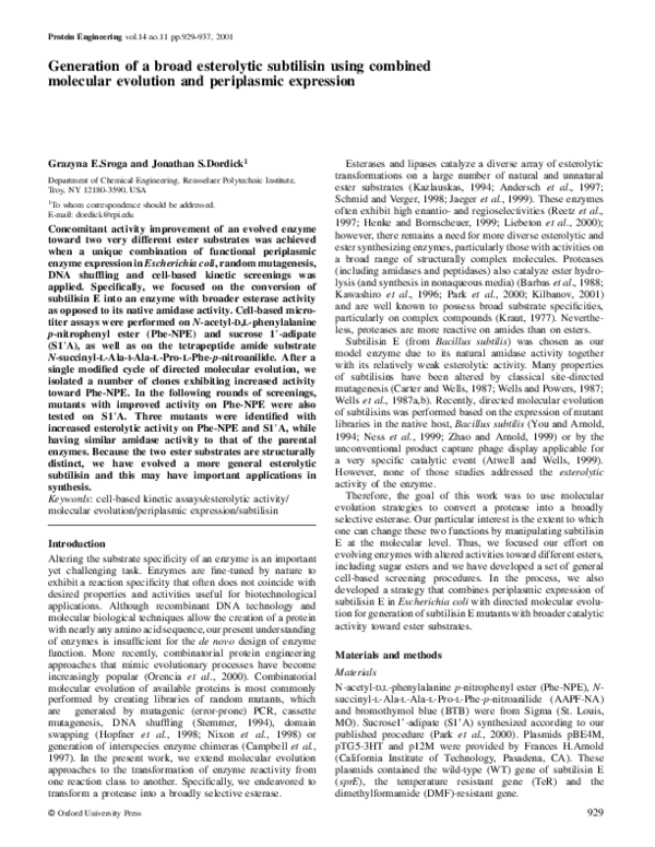 (PDF) Generation of a broad esterolytic subtilisin using combined ...