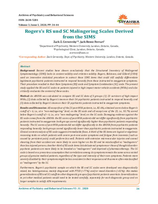 (PDF) Rogers's RS und SC Malingering Scales Derived from the SIMS
