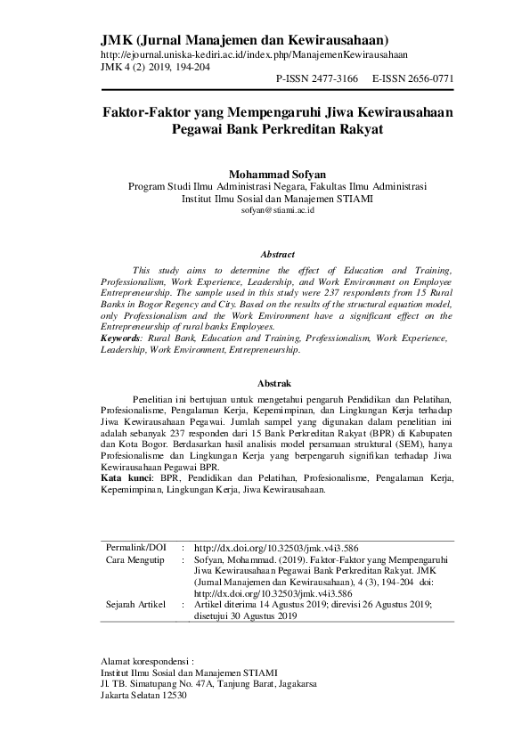 (PDF) Faktor-Faktor yang Mempengaruhi Jiwa Kewirausahaan Pegawai Bank Perkreditan Rakyat ...