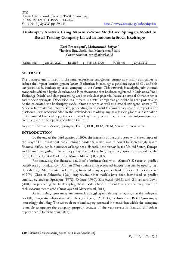 (PDF) Bankruptcy Analysis Using Altman Z-Score Model and Springate ...