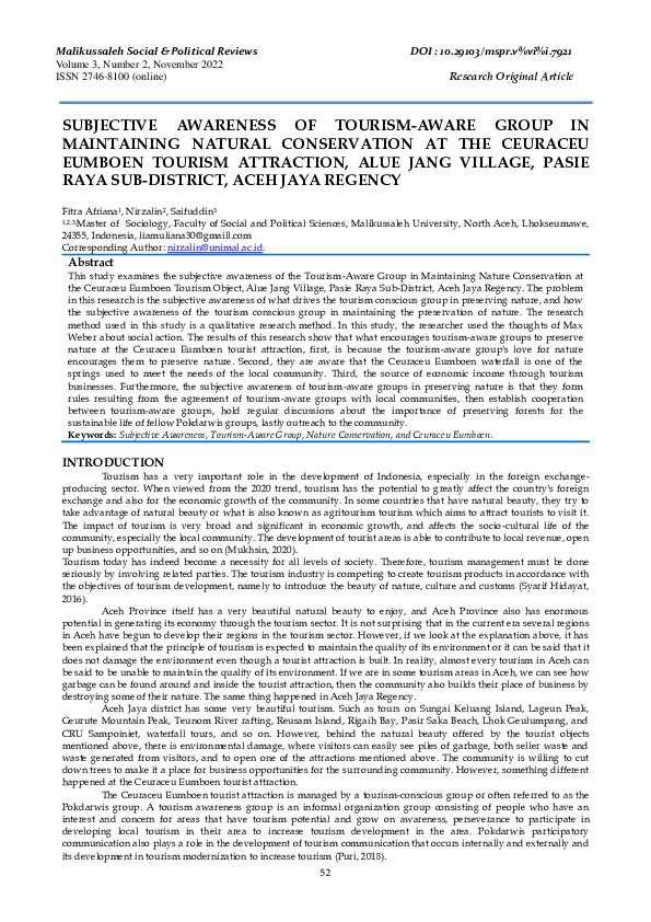 (PDF) Subjective Awareness of Tourism-Aware Group in Maintaining ...