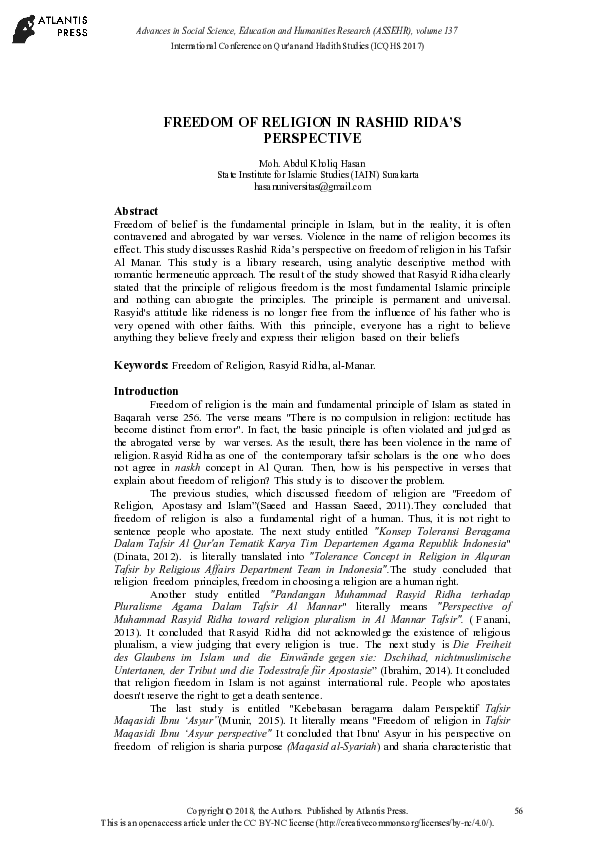 (PDF) Freedom of Religion in Rashid Rida's Perspective
