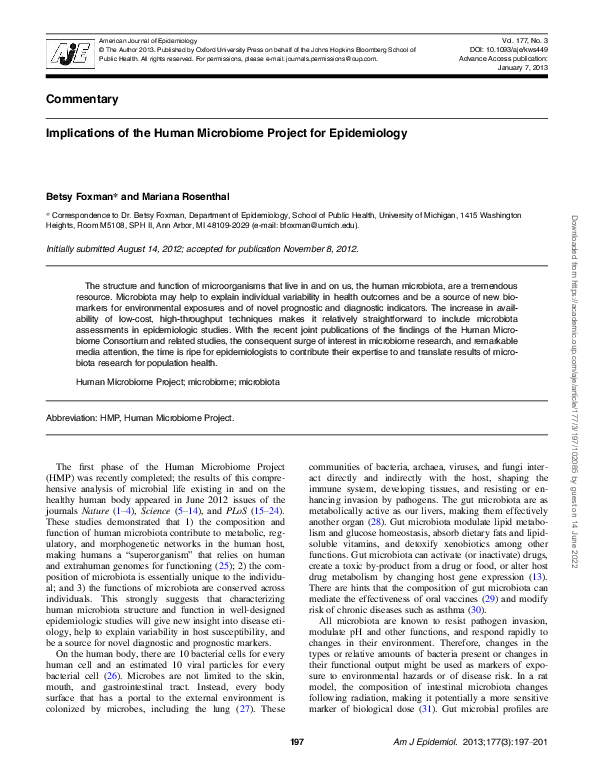 (PDF) Implications of the Human Microbiome Project for Epidemiology