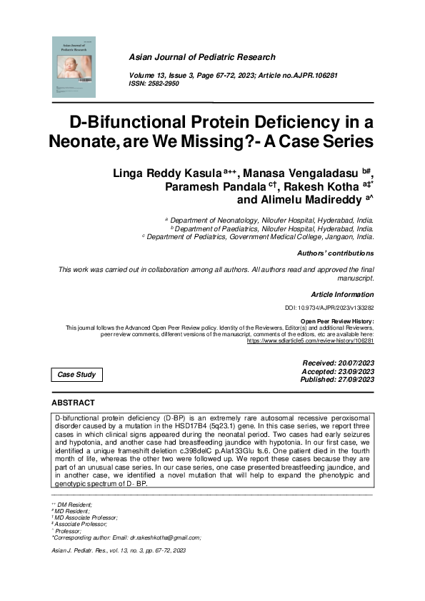 (PDF) D-Bifunctional Protein Deficiency in a Neonate, are We Missing?-A ...