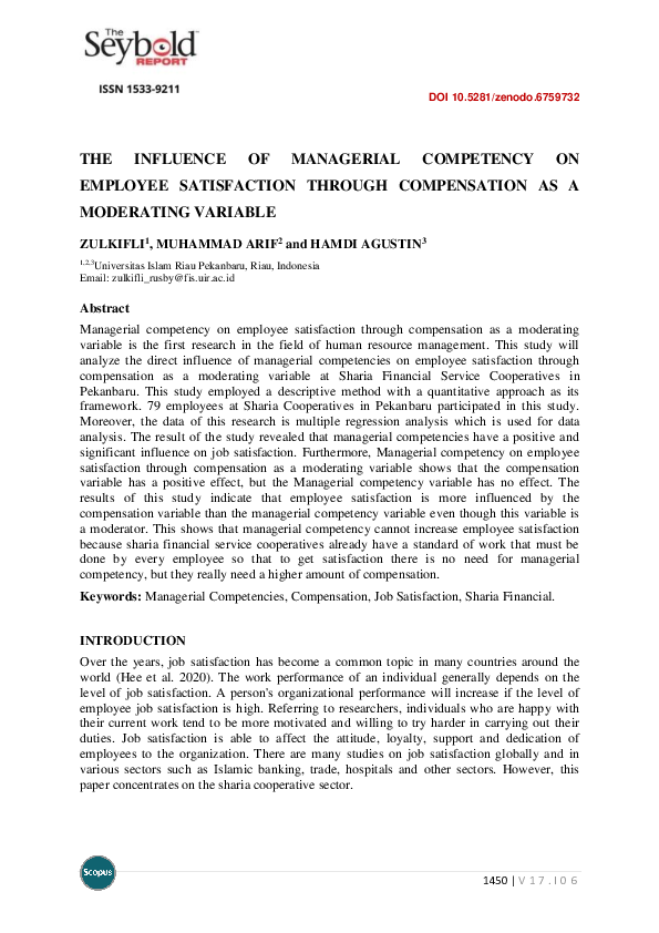 (PDF) The Influence of Managerial Competency on Employee Satisfaction Through Compensation as a ...