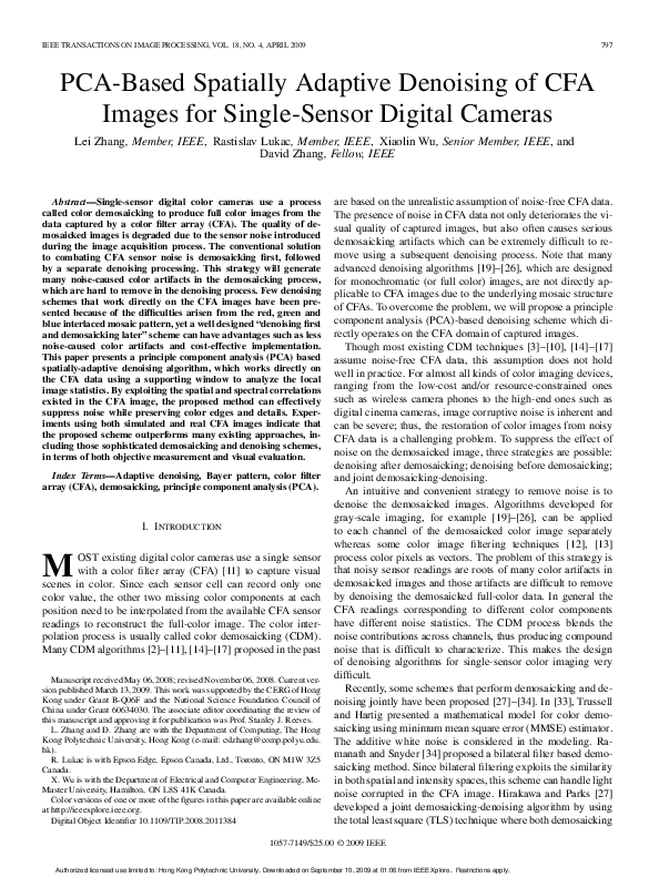 (PDF) PCA-Based Spatially Adaptive Denoising of CFA Images for Single-Sensor Digital Cameras