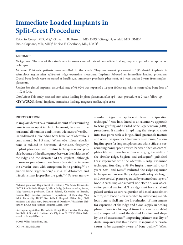 (PDF) Immediate Loaded Implants in Split-Crest Procedure