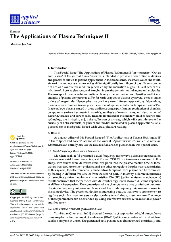 (PDF) The Applications of Plasma Techniques II