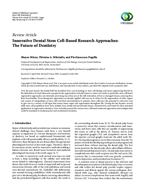 (PDF) Innovative Dental Stem Cell-Based Research Approaches: The Future of Dentistry