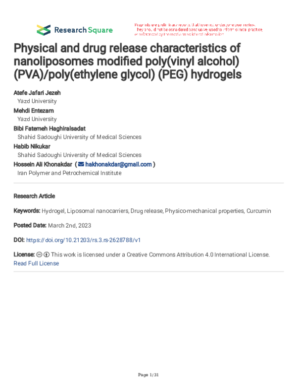 (PDF) Physical and drug release characteristics of nanoliposomes modified poly(vinyl alcohol ...