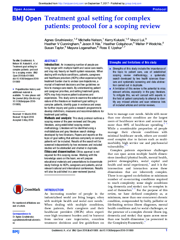 (PDF) Treatment goal setting for complex patients: protocol for a scoping review