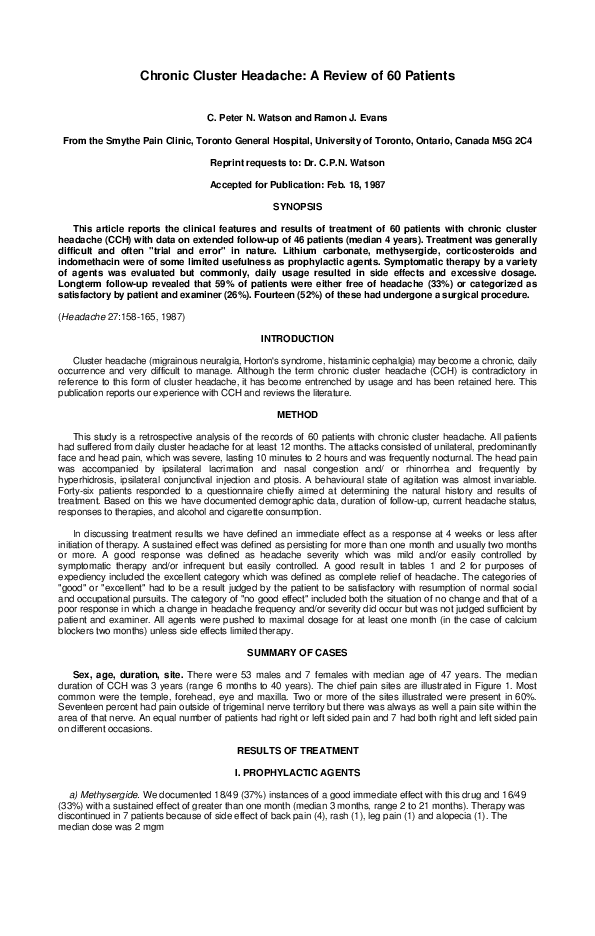 (PDF) Chronic Cluster Headache: A Review of 60 Patients