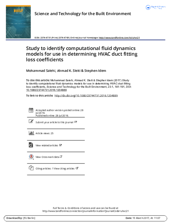 (PDF) Study to identify computational fluid dynamics models for use in determining HVAC duct ...