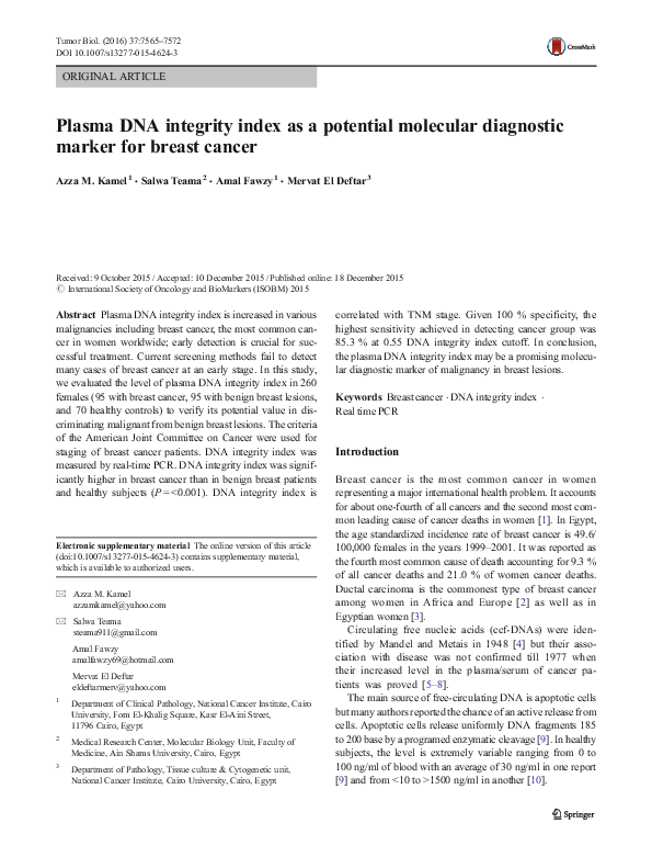 (PDF) Plasma DNA integrity index as a potential molecular diagnostic ...