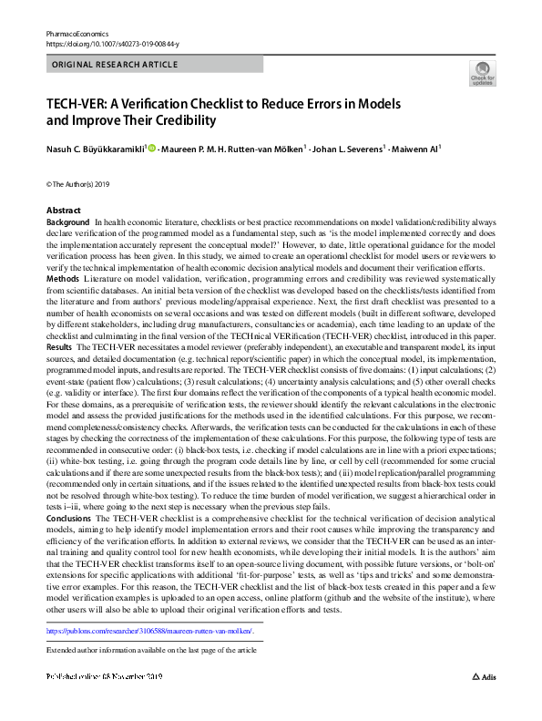 (PDF) TECH-VER: A Verification Checklist to Reduce Errors in Models and ...