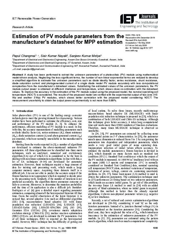 (PDF) Estimation of PV module parameters from the manufacturer's ...