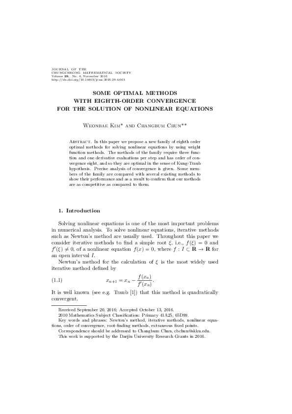 (PDF) Some Optimal Methods with Eighth-Order Convergence for the Solution of Nonlinear Equations