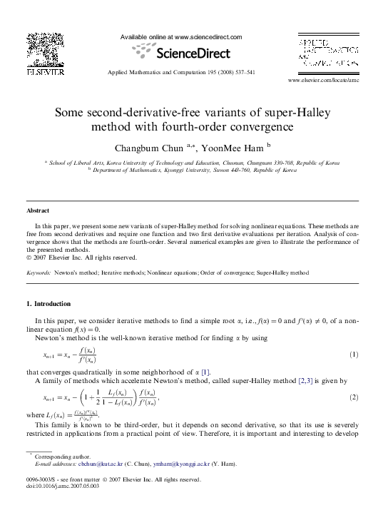 (PDF) Some second-derivative-free variants of super-Halley method with ...