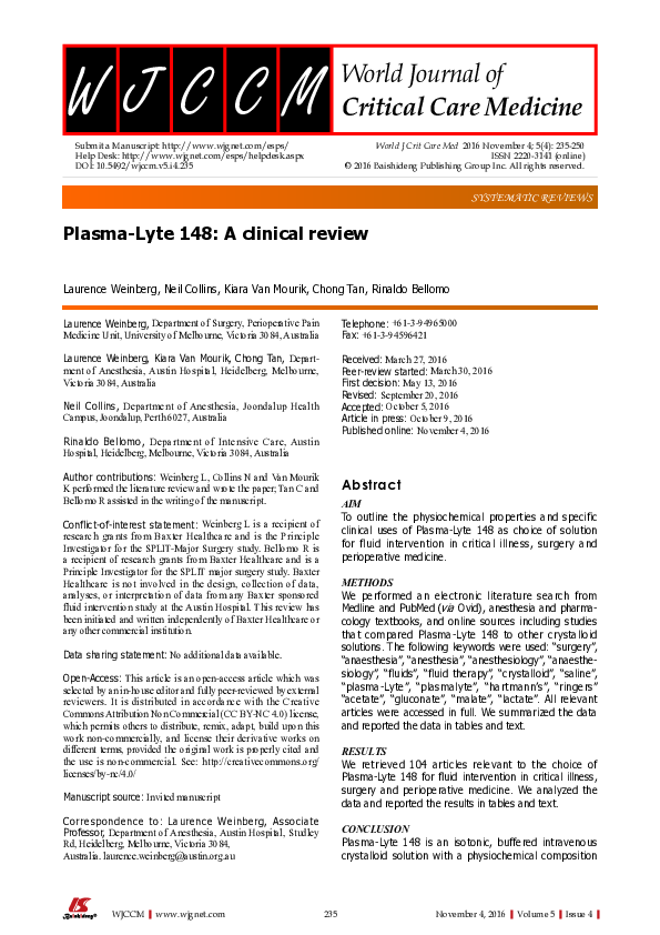 (PDF) Plasma-Lyte 148: A clinical review