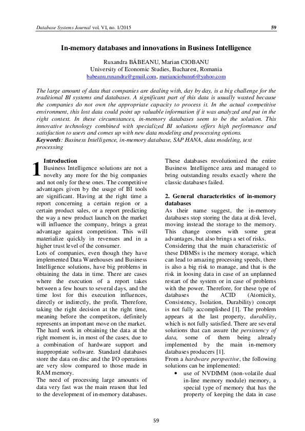 (PDF) In-memory databases and innovations in Business Intelligence