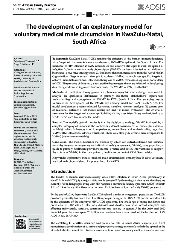 (PDF) The development of an explanatory model for voluntary medical male circumcision in KwaZulu ...