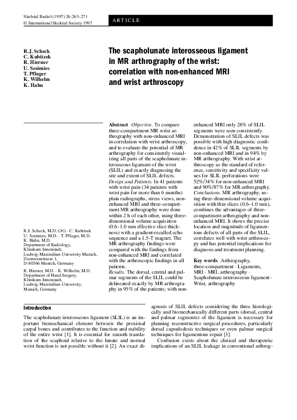 (PDF) The scapholunate interosseous ligament in MR arthrography of the ...