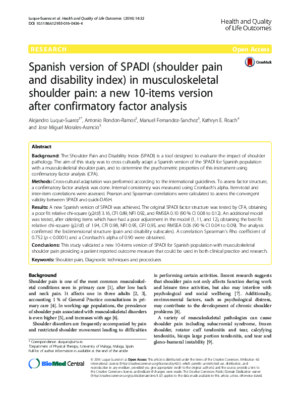 (PDF) Spanish version of SPADI (shoulder pain and disability index) in ...
