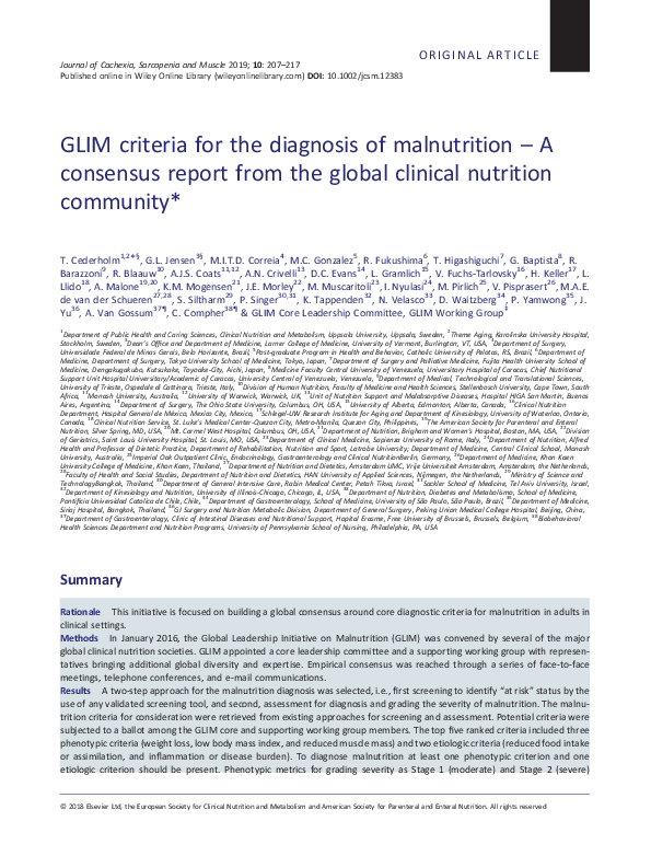 (PDF) GLIM Criteria for the Diagnosis of Malnutrition: A Consensus Report From the Global ...