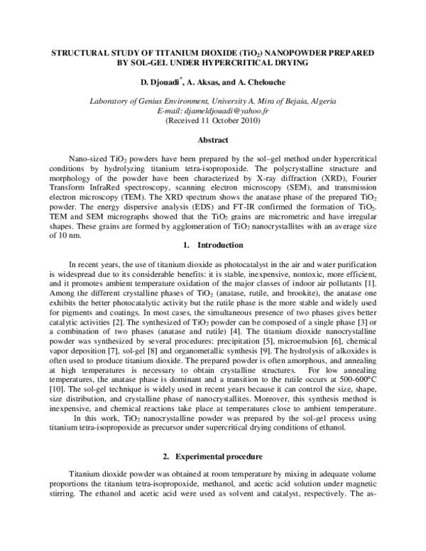 (PDF) STRUCTURAL STUDY OF TITANIUM DIOXIDE (TiO 2 ) NANOPOWDER PREPARED ...