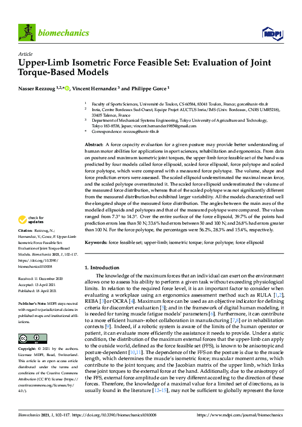 (PDF) Upper-Limb Isometric Force Feasible Set: Evaluation of Joint Torque-Based Models | Vincent ...
