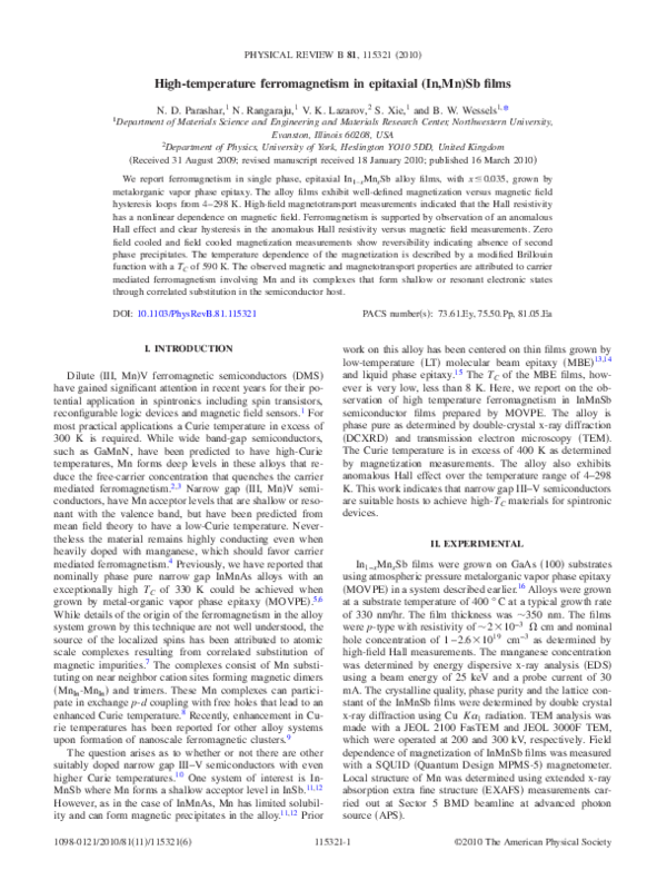 (PDF) High-temperature ferromagnetism in epitaxial (In,Mn)Sb films | B. Wessels - Academia.edu